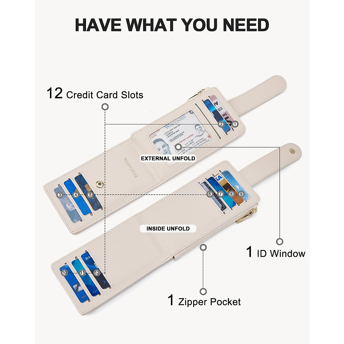 BOSTANTEN Slim Wallet Women RFID Blocking Card Holder Leather Bifold Wallet with Zipper Pocket Beige