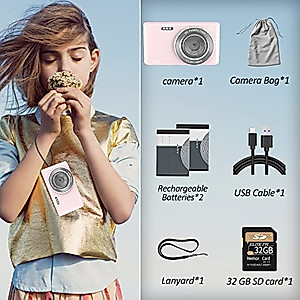 Digital Camera 4K 44MP Compact Point and Shoot Camera with 16X Digital Zoom 32GB SD Card,Kids Camera 2.4 Inch, Vlogging Camera for Teens Students Boys Girls Seniors(Pink2)