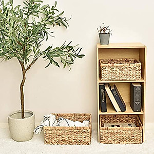 Yesland 3 Pack Water Hyacinth Storage Baskets, Natural Multisize Rectangular Storage Bins with Handle, Hand-Woven Organizer Container Bins with Iron Wire Frame for Bedroom, Living room