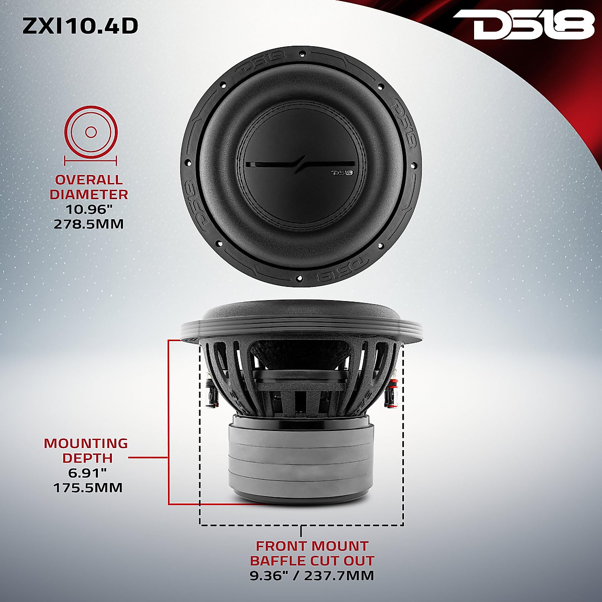 DS18 ZXI10.4D 10 Inches High Excursion Car Audio Subwoofer 1600W Watts Dual Voice Coil 4-Ohm 4 Magnets (1 Speaker)