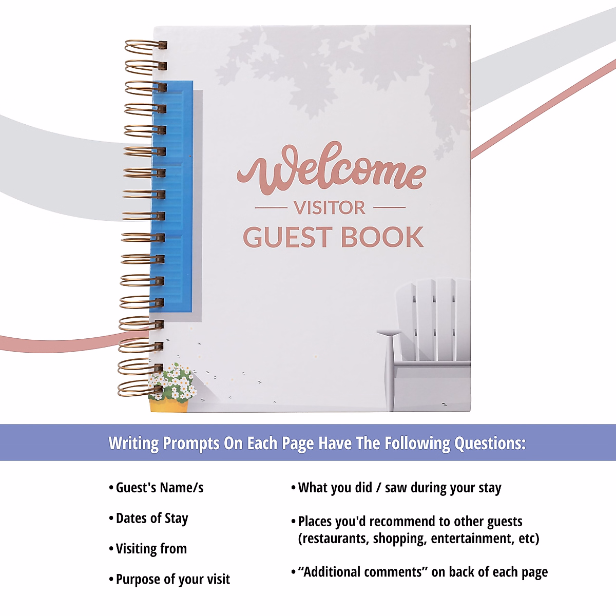 Paper 'n Such Guest Book for Vacation Home Visitors - Guestbook for Short Term Rentals, Vacation Rental, Beach House, Hosts Essentials, Spiral Hardcover Welcome Log - 200 Pages (White/Blue)