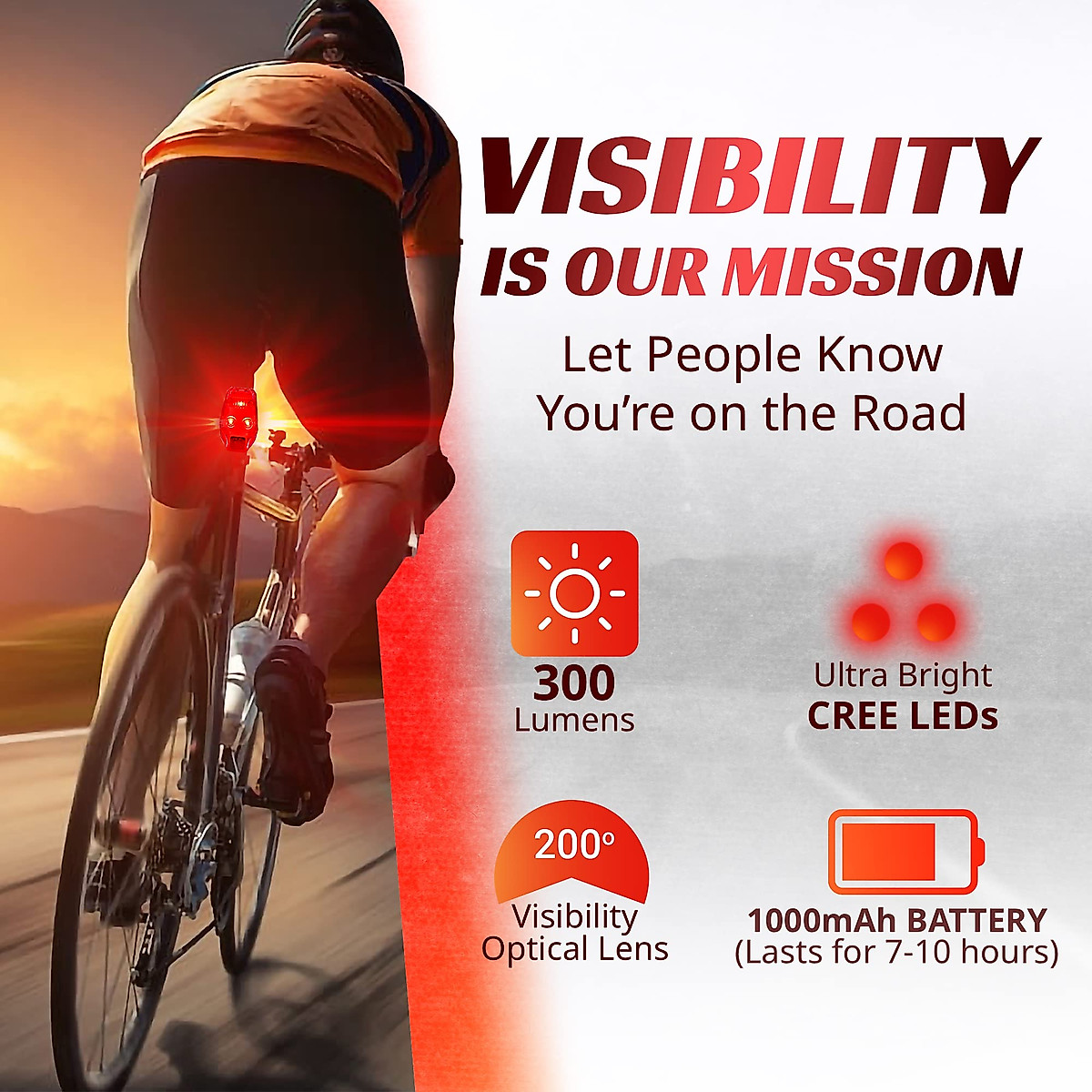 Tailgator Bike Rear Tail Brake LED Light - Accelerometer Brake Sensing Feature - Brightest Light at 300 Lumens - Rechargeable Battery Lasts Up to 60 Hours - Day/Night Visibility - Best Brake Light