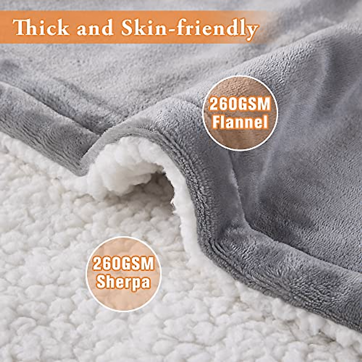 Shilucheng Heated Twin Blanket, Electric Blanket 62" x 84", Warm Fleece & Sherpa Blanket Reversible, Fast Heating with 4 Temperature Levels & 6hrs Auto Off, Machine Washable (Grey)