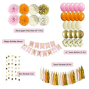 ANSOMO Pink and Orange Happy Birthday Party Decorations Hot Pink Gold Banner Balloons Décor Supplies Women Girls Teens Her Tassel Garland Tissue Pom Poms
