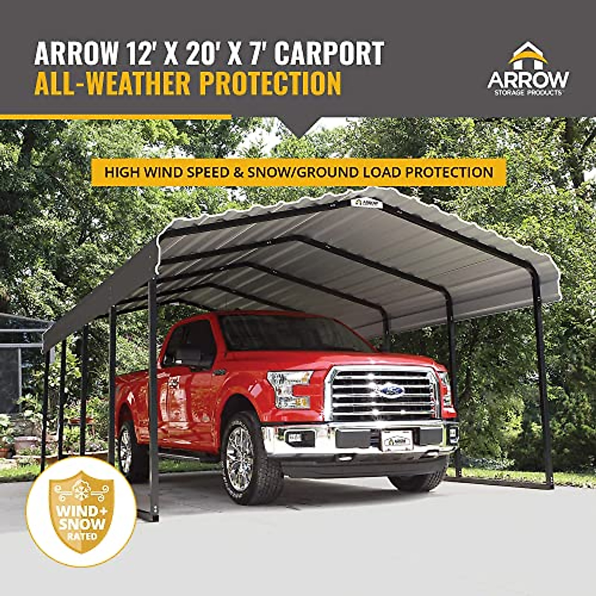 Arrow Shed 12 x 20 x 7-Foot Heavy Duty Galvanized Steel Metal Multi-Use Shelter, Shade, Carport, 12' x 20' x 7', Charcoal color
