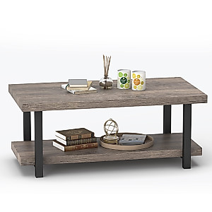 charaHOME Coffee Table Rustic Vintage Industrial Design Sturdy Metal Frame Legs Sofa Table Cocktail Table with Storage Bottom Open Shelf for Living Room, Easy Assembly, 42"x 22", Gray Brown