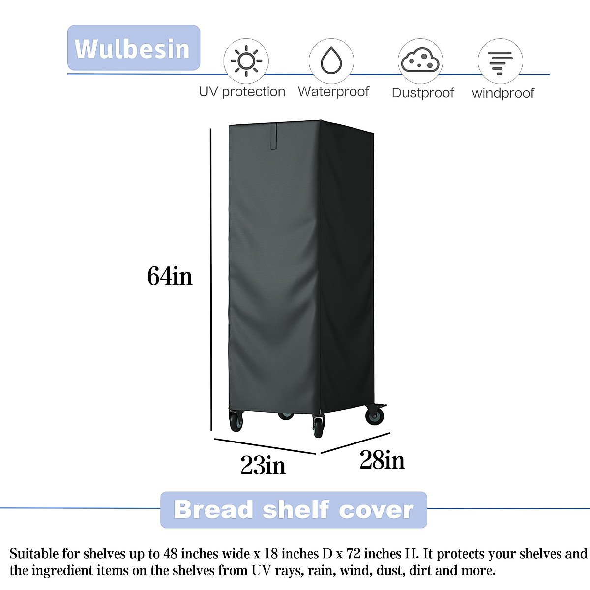Wulbesin Bread Rack Cover,23"x28"x64" Pan Rack Cover, Bread rack dust cover with zipper, high density waterproof oxford cloth material