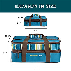 Rachael Ray Expandable Insulated Casserole Carrier for Hot or Cold Food, Thermal Lasanga Lugger Tote for Pockluck, Parties, Picnic, and Cookouts, Fits 9" x 13" Baking Dish, Marine Blue Stripe