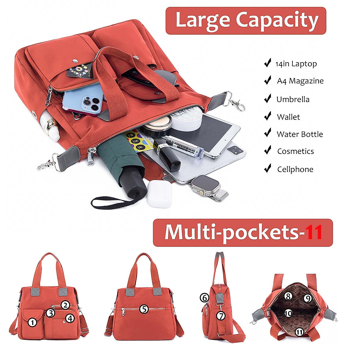 Women Utility Tote Bag Teacher Purses and Handbags for Nurses Waterproof Nylon Multi Pocket Shoulder Bags Work Bag Tote (Orange) Large