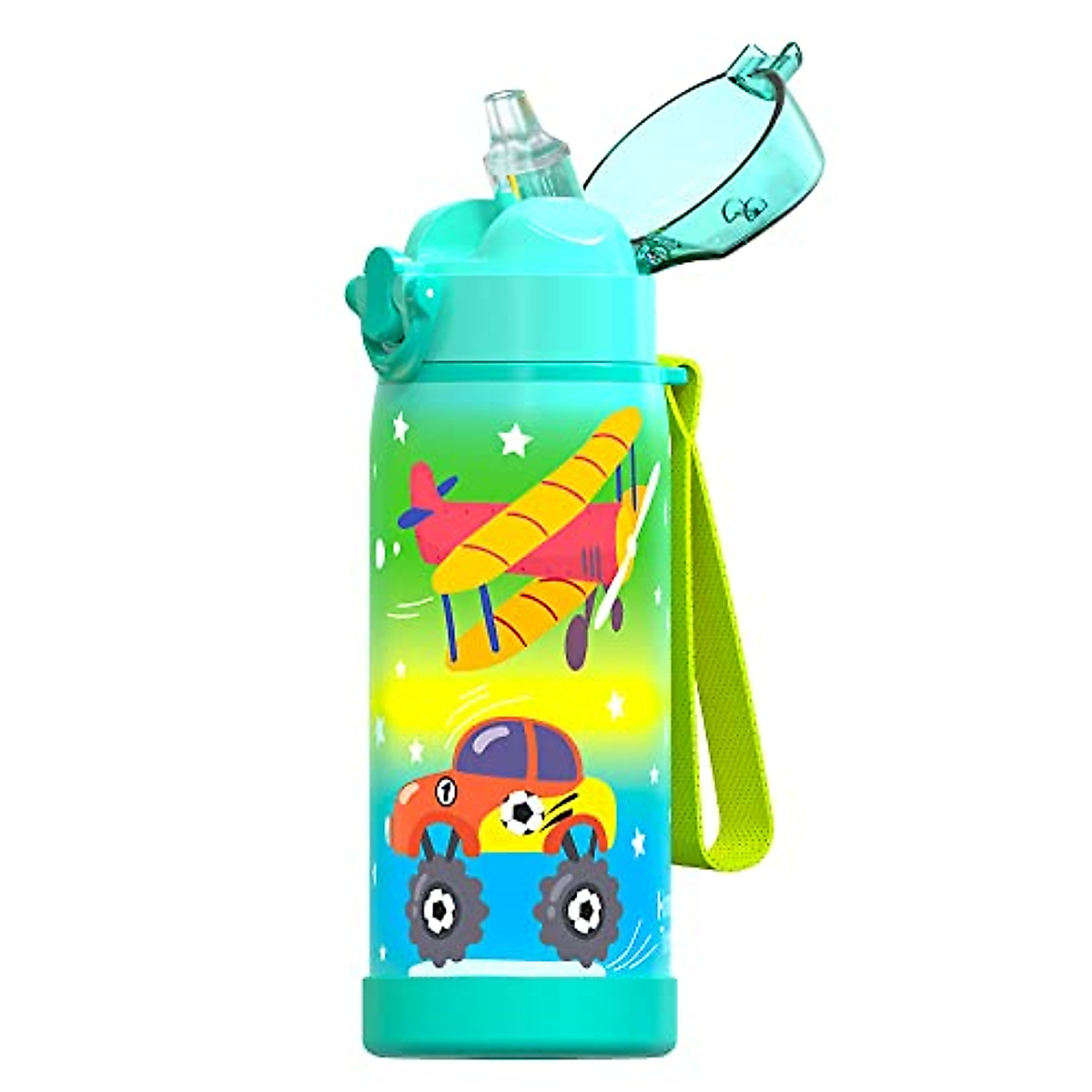 Insulated Water Bottle with Straw for Kids Boys Girls, Durable Stainless Steel & Leak Proof One Click Open Soft Straw & Protective Silicone Boot, 16oz - Airplane & Truck