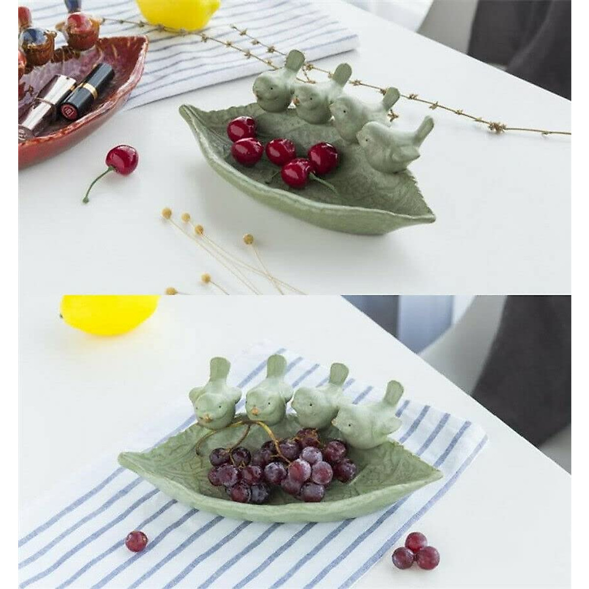 EatingBiting Outdoor Statues Ceramic Leaf-Shaped Tray Bird Feeder Fruit Plate 10.6" Home Garden Lawn Ornament Decor Jewelry Organizer Key Storage Box/Soap Dish Soap Box/Serving Bowl