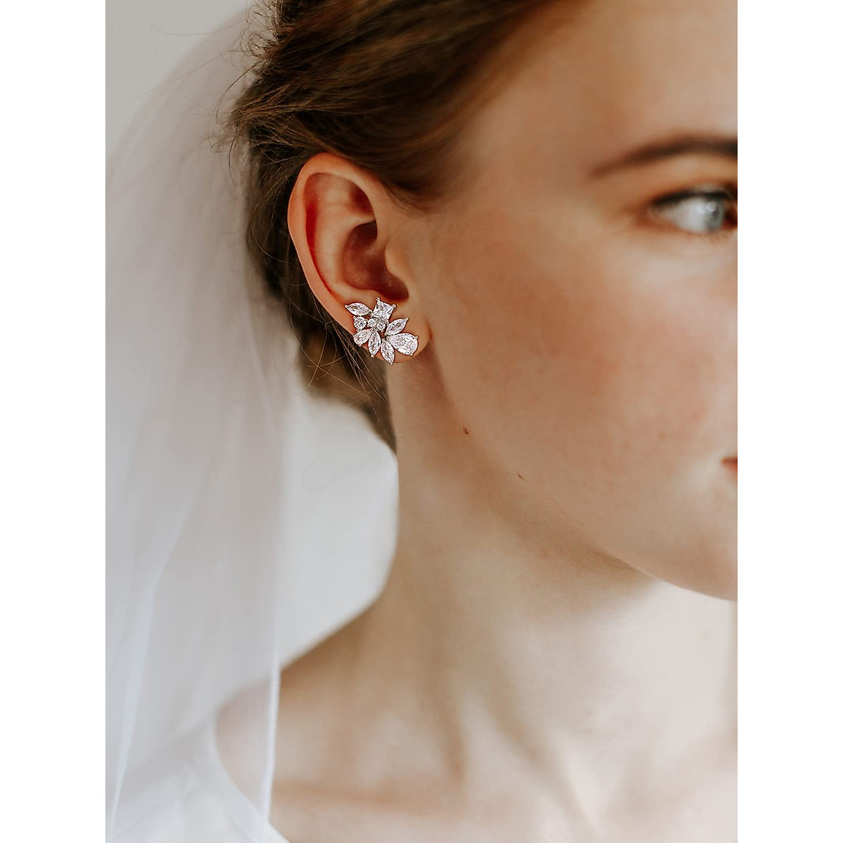 SWEETV Cluster Bridal Wedding Earrings for Brides Bridesmaid, Marquise Cubic Zirconia Rhinestone Stud Earrings for Women, Prom (Silver-Style2)