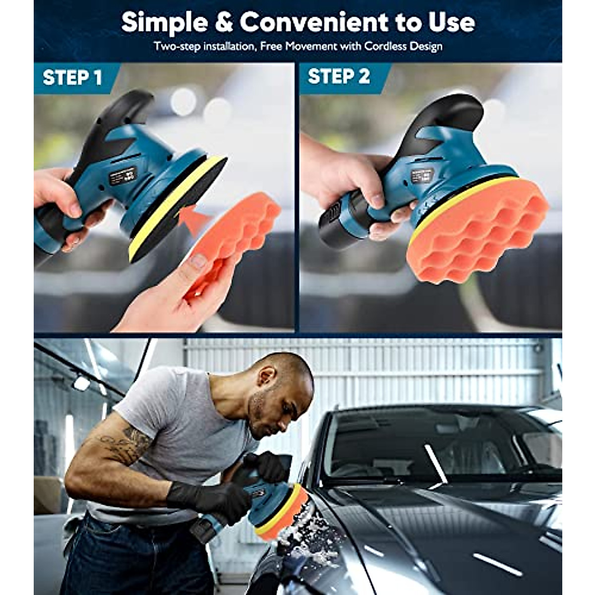 TDT Cordless Car Buffer Polisher with Rechargeable 2pcs 12V Lithium Battery, 6 Variable Speed, Wireless Buffer Polisher Kit for Car Detailing Brushless Polisher with 2 Battery for Waxing