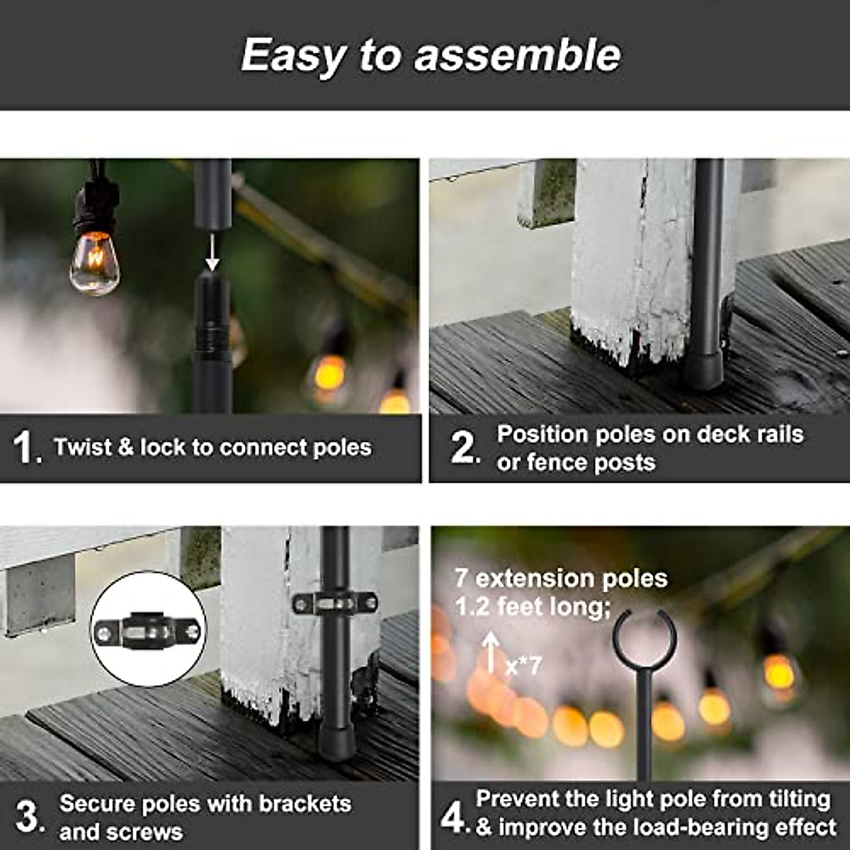 CHARON String Light Poles for Outdoor String Lights - 2 Pack 9 FT Pole & Bracket Kit for Deck or Patio Railing - Garden, Backyard, Patio Lighting Stand for Parties, Wedding
