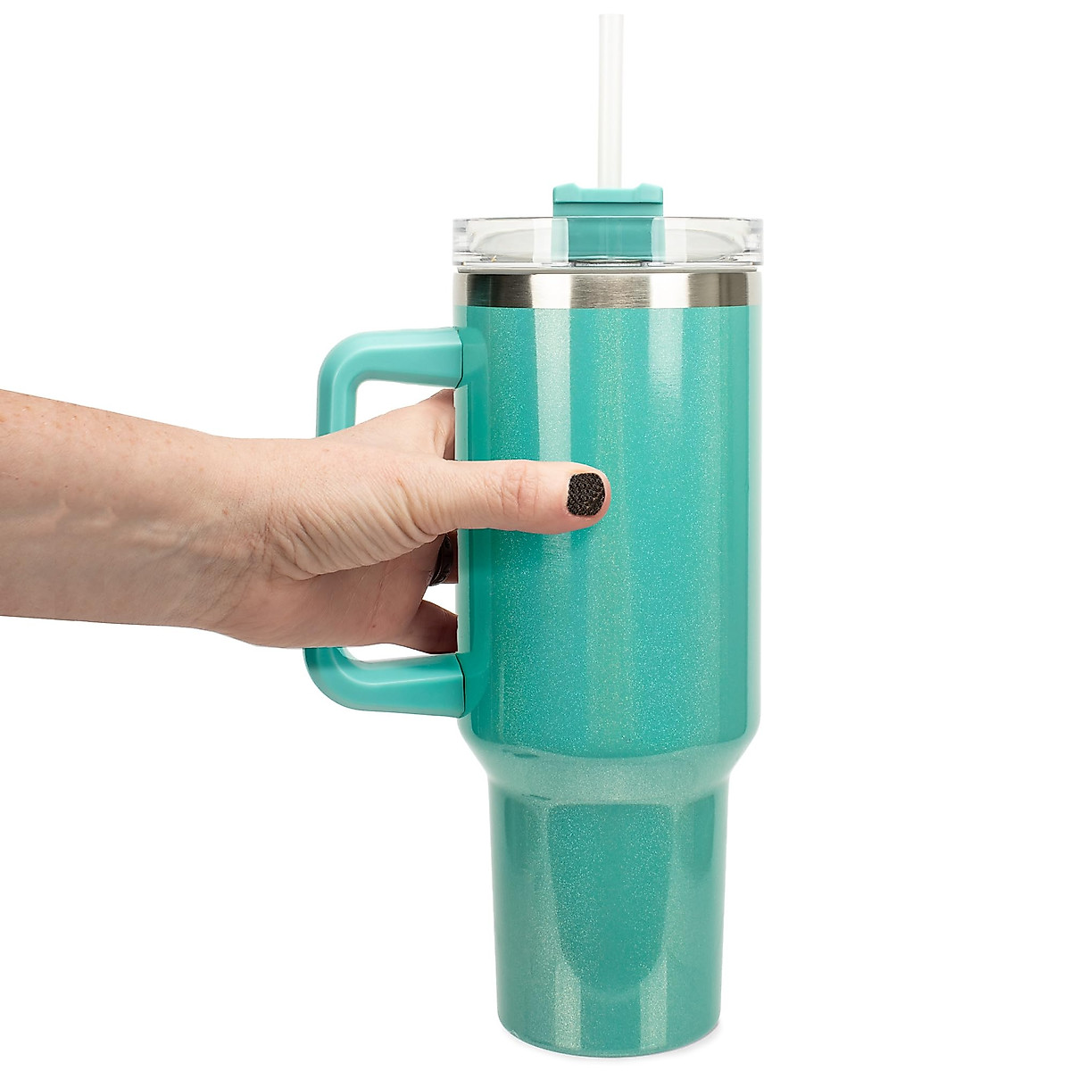 Elanze Designs Majestic Flying Dragon 40 oz. Stainless Steel, Large Water Bottle Coffee Mug, Spill & Leak Resistant, Thermal Travel Tumbler with Handle, Lid & Straw, Teal