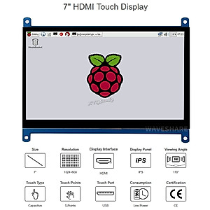 7inch HDMI LCD (C), HDMI Interface Raspbian LCD 1024 * 600 Capacitive Touch Screen Display Mini PC Supports Raspberry Pi 4 3 2 Model B B+ A+ & BeagleBone Black & Banana Pi/Pro @XYGStudy