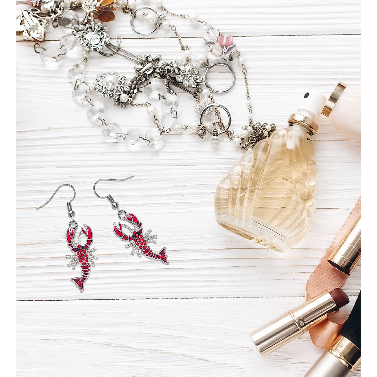 Aqua79 Red Lobster Silver Dangle Earrings - Fashion Jewelry Rhinestone Earring Hook Silver Jewelry, Zinc Alloy Fish Hook Earrings, Cute Earrings Perfect Summer Accessories for Women - 1 Inch