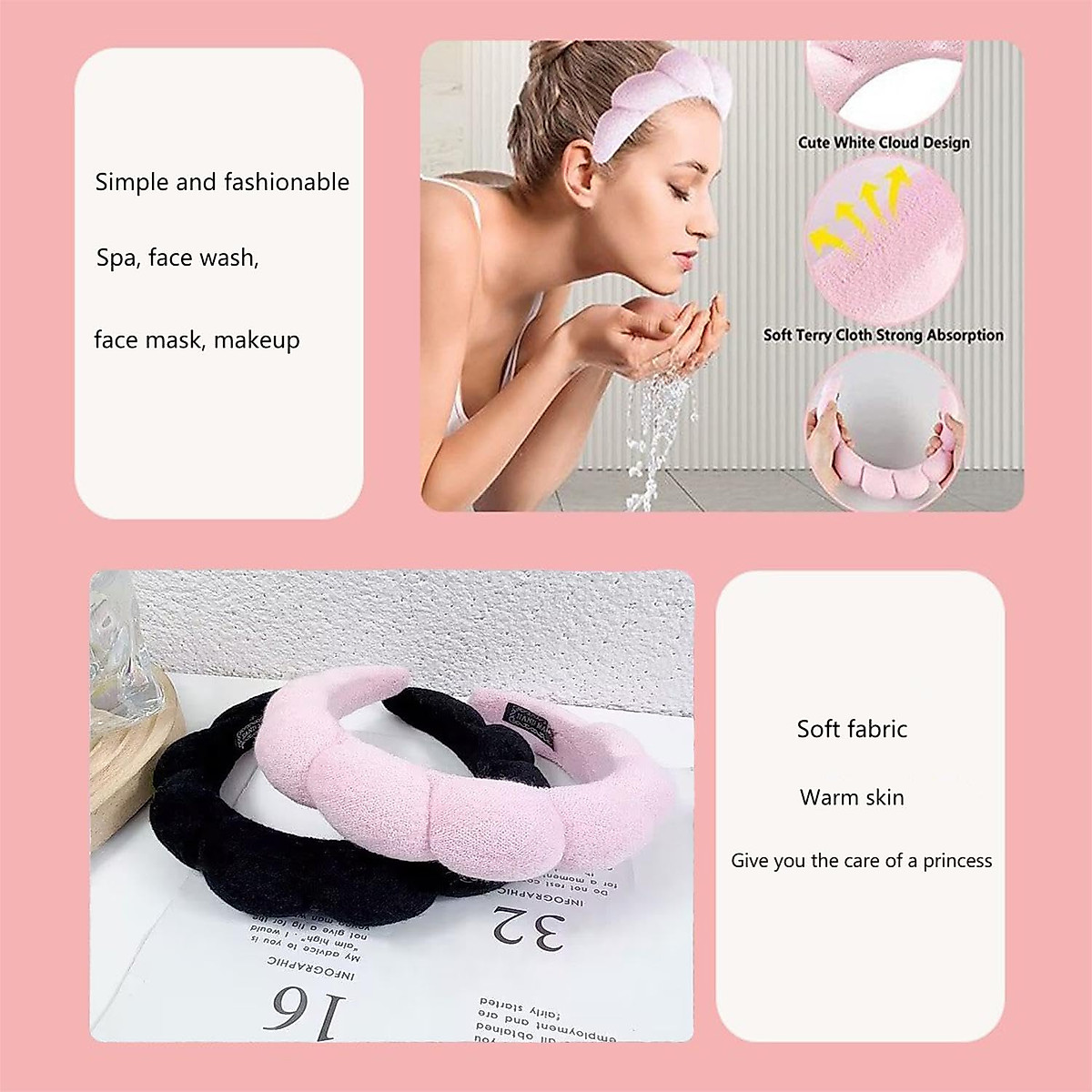 LUKPOW 2 Pack of Towels Cloth Headband Face Wash Headband Skincare Headband Spa Headband for Washing or Facial Fluffy Makeup Headband for Face Wash Skincare Remover Mask Hair Accessories（Pink Blue