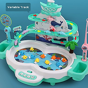 CUTE STONE Fishing Game Toys with Slideway,Electronic Toy Fishing Set with Magnetic Pond,10 Fish,3 Magnetic Dolphins,2 Toy Fishing Poles,Learning Educational Toys with Music Story for Kids Toddlers