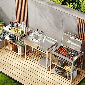 ROOMTEC 304 Stainless Steel Single Bowl Utility Sink Set, Commercial Restaurant Kitchen Sink, Outdoor Sink with Workbench & Storage Shelve with Hot and Cold Water Pipes (39 in (Left bowl))