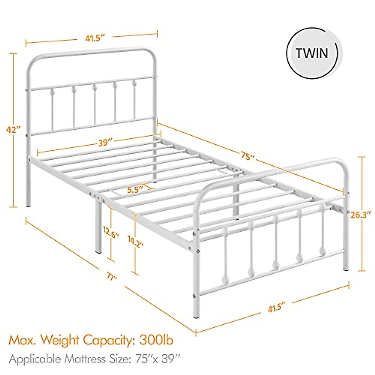 Topeakmart White Sturdy Metal Platform Bed Frame Mattress Foundation Iron-Art with Classic Victorian Style Headboard and Footboard Under Bed Storage No Box Spring Needed Twin Size