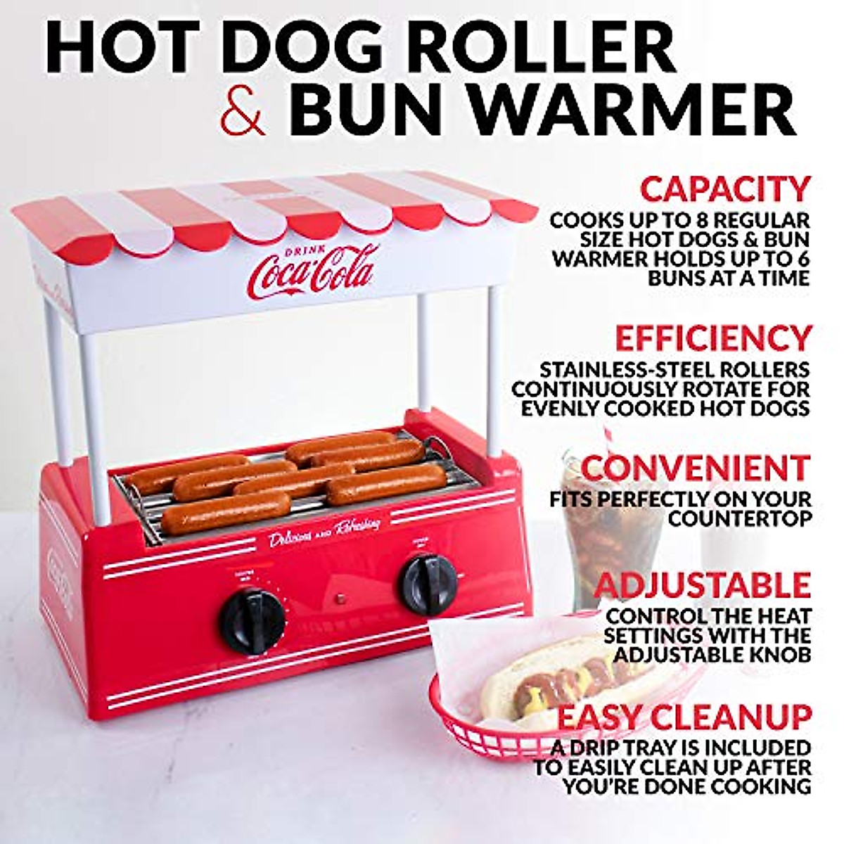 Nostalgia Coca-Cola Holds 8 Regular Sized or 4 Foot Long Hot Dogs and 6 Bun Capacity, Stainless Steel Rollers, Perfect For Breakfast Sausages, Brats, Taquitos, Egg Rolls, Yellow, Red/White