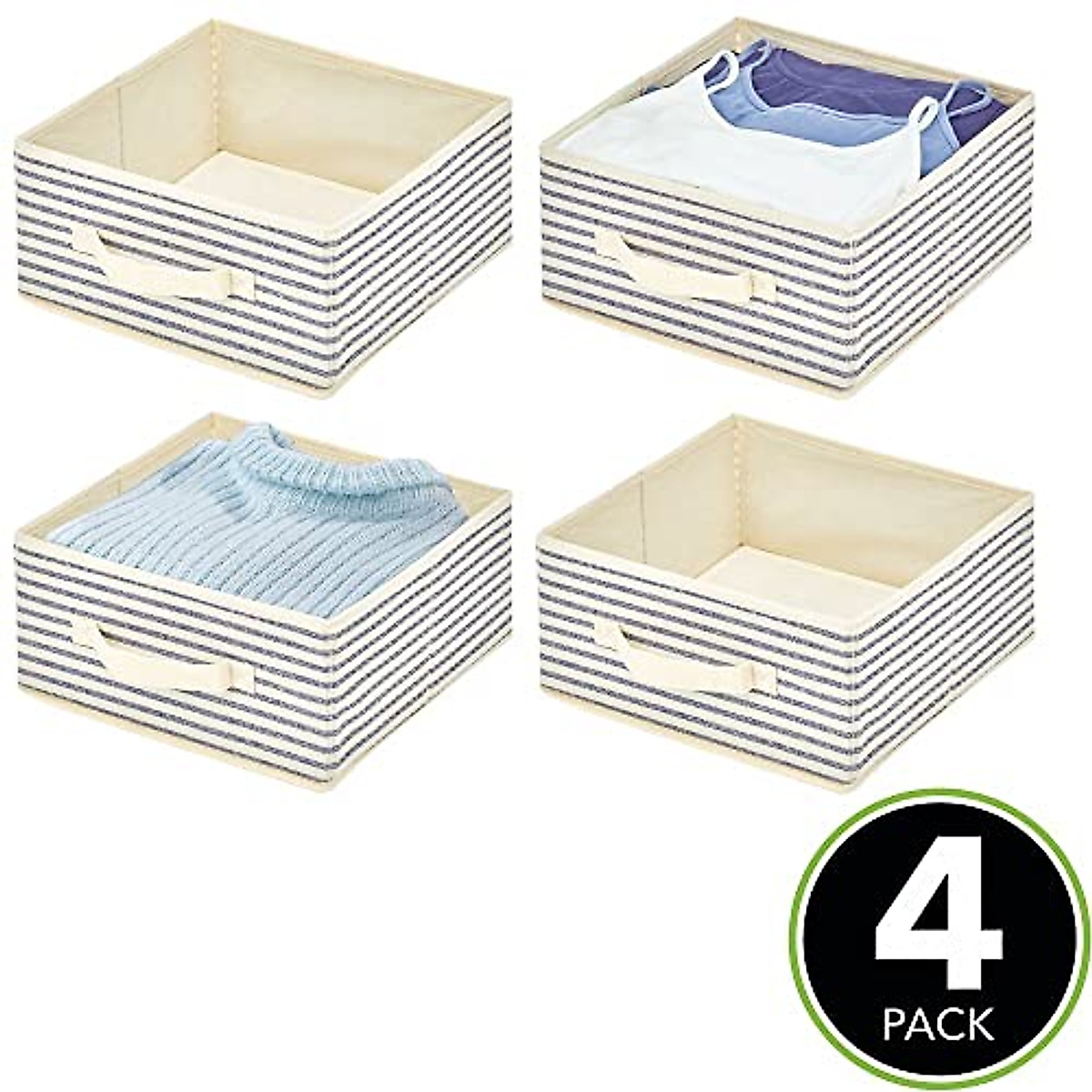 mDesign Soft Fabric Closet Organizer Box with Front Pull Handle for Shelves in Bedroom, Bathroom, Home Office - Holds Clothing, Linens, Accessories, Lido Collection, 4 Pack, Natural/Cobalt Blue Stripe