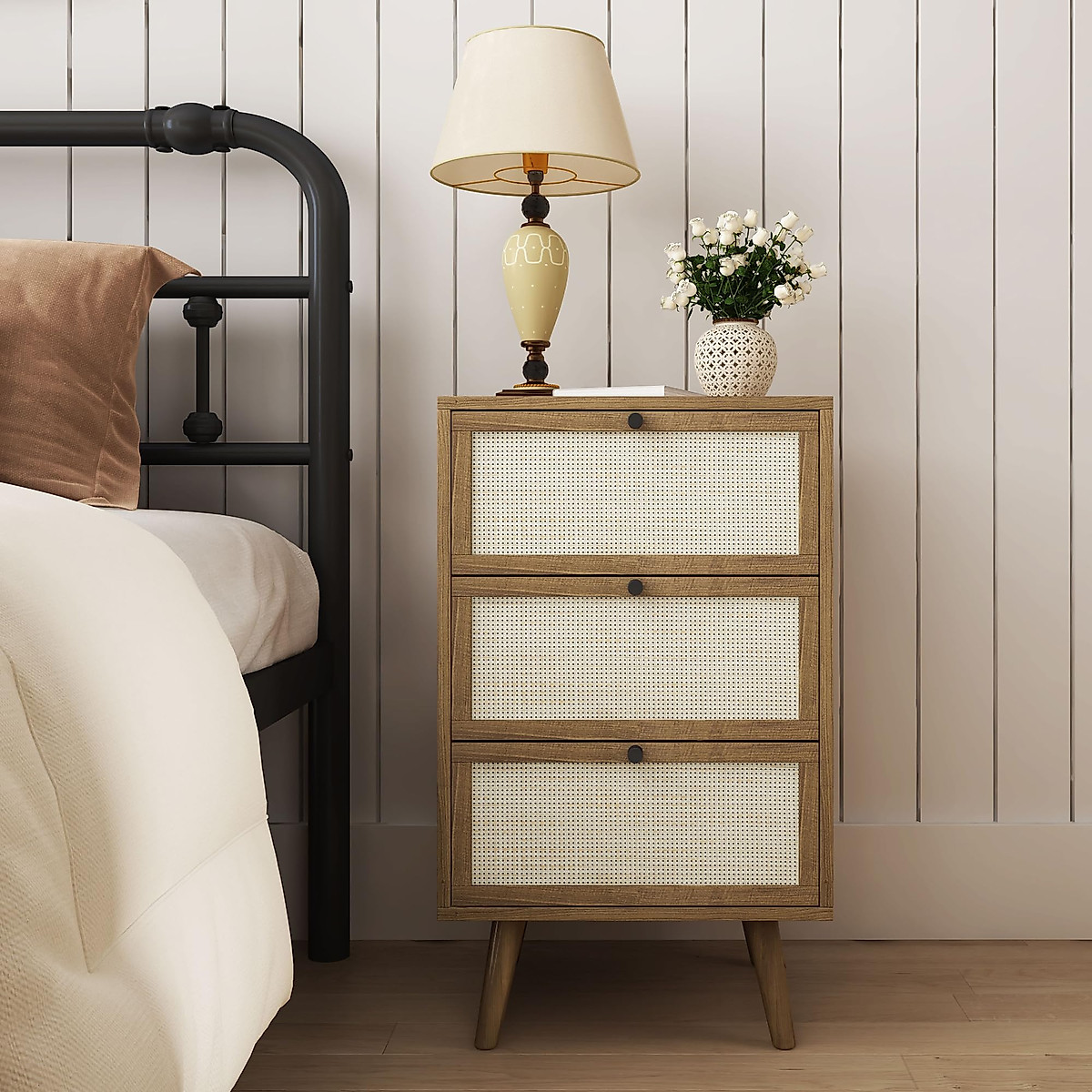 PHOYAL Rattan Nightstand Set of 2, End Table Rattan Bedside Table with Storage 3-Drawer Side Table with 3 Hand Made Rattan Decorated Drawers Wood Accent Table, Walnut 2 Pack