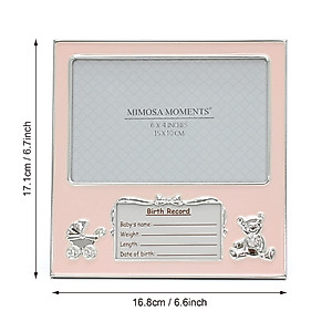 MIMOSA MOMENTS Bear and Pram Silver-tone Metal Baby Girl Picture Frame with Birth Details Tag (4x6 horizontal, Silver-tone & Pink)
