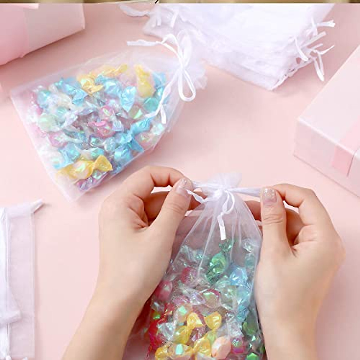 100 Pcs Thank You Bags Sheer Organza Bags Wedding Party Favor Bags with Drawstring Thanks for Celebrating with Us Gift Wrap Bags Mesh Mini Gift Bags for Jewelry Makeup Candy Sachet (White,4 x 6 Inch)