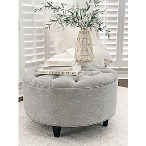 30 Inch Grey Linen, Round Tufted Coffee Table Ottoman