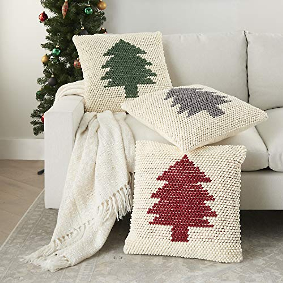 Mina Victory Holiday Xmas Tree Loops Ivory/Grey 20"X20" Throw Pillow