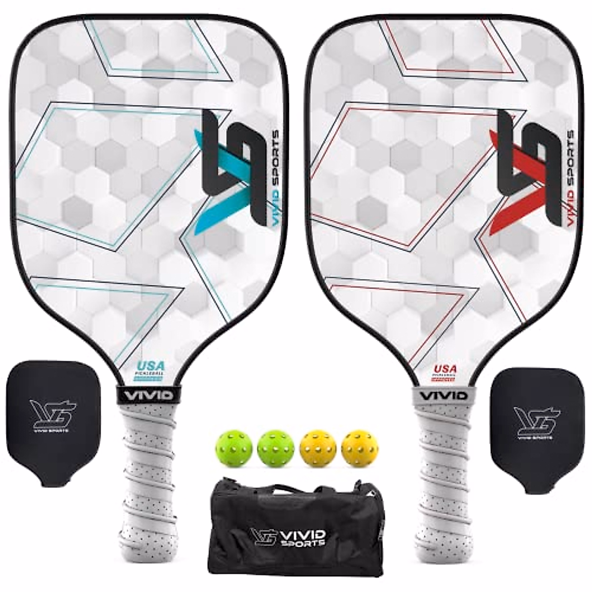 Vivid Sports Graphite Pickleball Paddle Set of 2, Polymer Honeycomb Core, Duffle Bag with 2 Indoor 2 Outdoor Pickle Balls, 2 Neoprene Paddle Covers, USAPA Wide Body Pickleball Raquette (White)