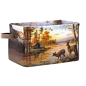 Rectangular Storage Bin Cube Forest Animal Deer Tree River Foldable Organizer Basket with Handles, Collapsible Storage Box for Kids Toy Shelf Closet Nursery