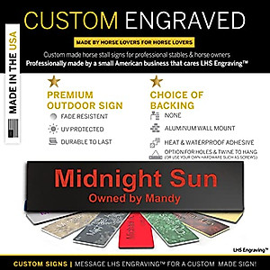 LHS | Horse Stall Name Plate, 2x8 Personalized Stall Signs, UV Protected, All Weather Adhesive, Hanging, Mounting or Other, Plastic with Red Letters | Made in USA - B19