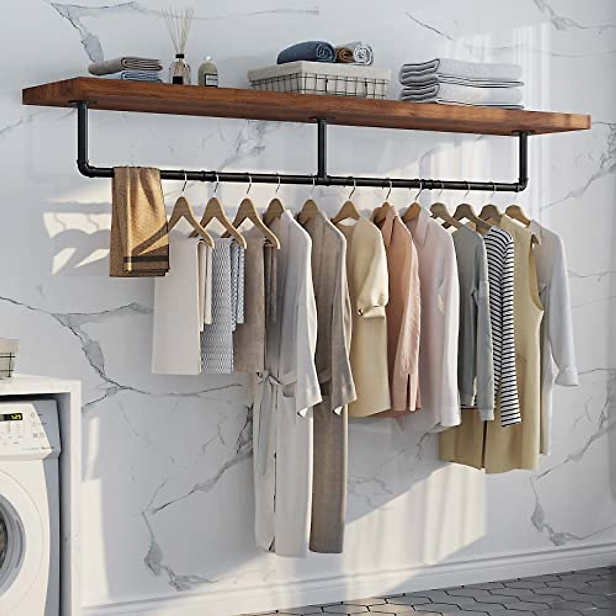 GREENSTELL Clothes Rack, 72.5 Inches Industrial Pipe Clothing Rack, Wall Mounted Closet Rod, Space-Saving Heavy Duty Hanging Bar, Detachable Multi-Purpose Hanging Rod for Closet Storage 3 Base