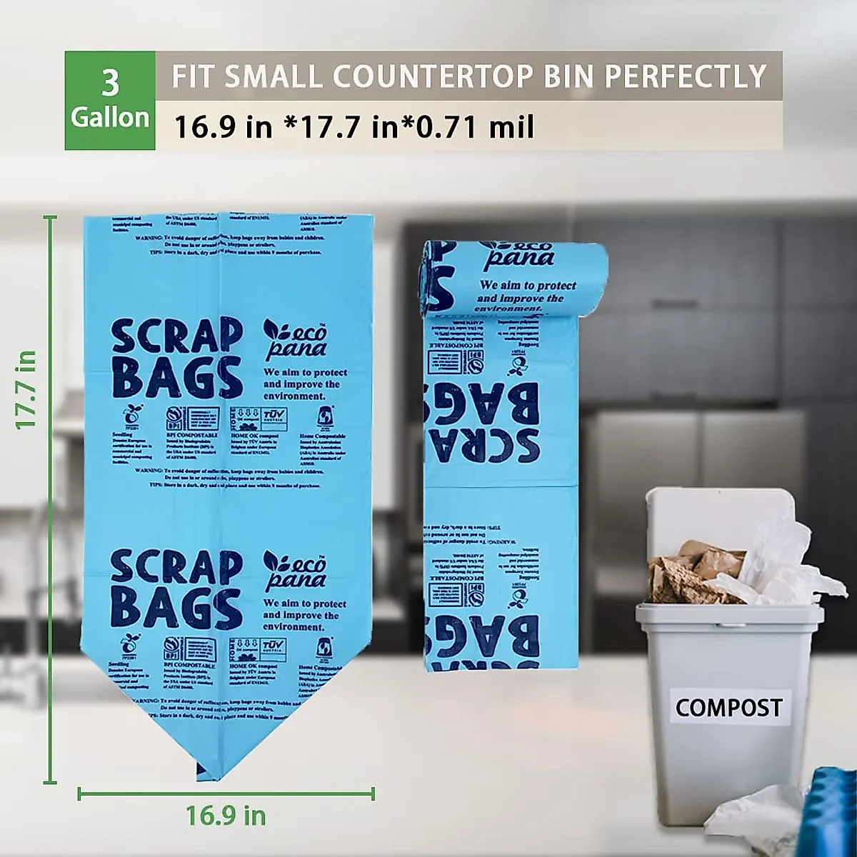 Ecopana 3 Gallon Compostable Bags(100 counts), 11.35 Liter, Extra Thick 0.71Mil, Samll Kitchen Food Waste Bags, 100% Compostable, Certified US BPI ASTM D6400, HOME Compost & AS5810