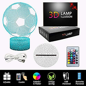 ZoyinGifts 3D Soccer Night Lights Illusion LED Lamps Remote Controller USB Powered RGB Colors Changeable Gifts for Boys Football Lovers for Birthdday Christmas(Soccer)