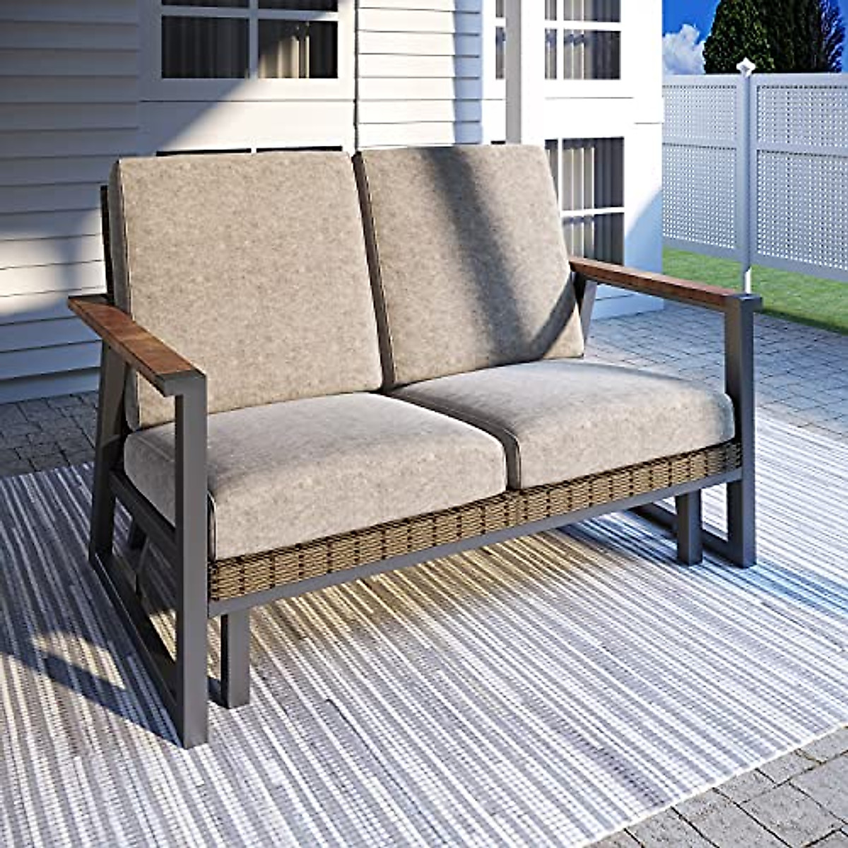 LOKATSE HOME Patio Glider Rocking Chair Outdoor 2 Person Bench Metal Swing Loveseat with Faux Wood Armrest, Wicker Backrest and Thick Cushion, Grey