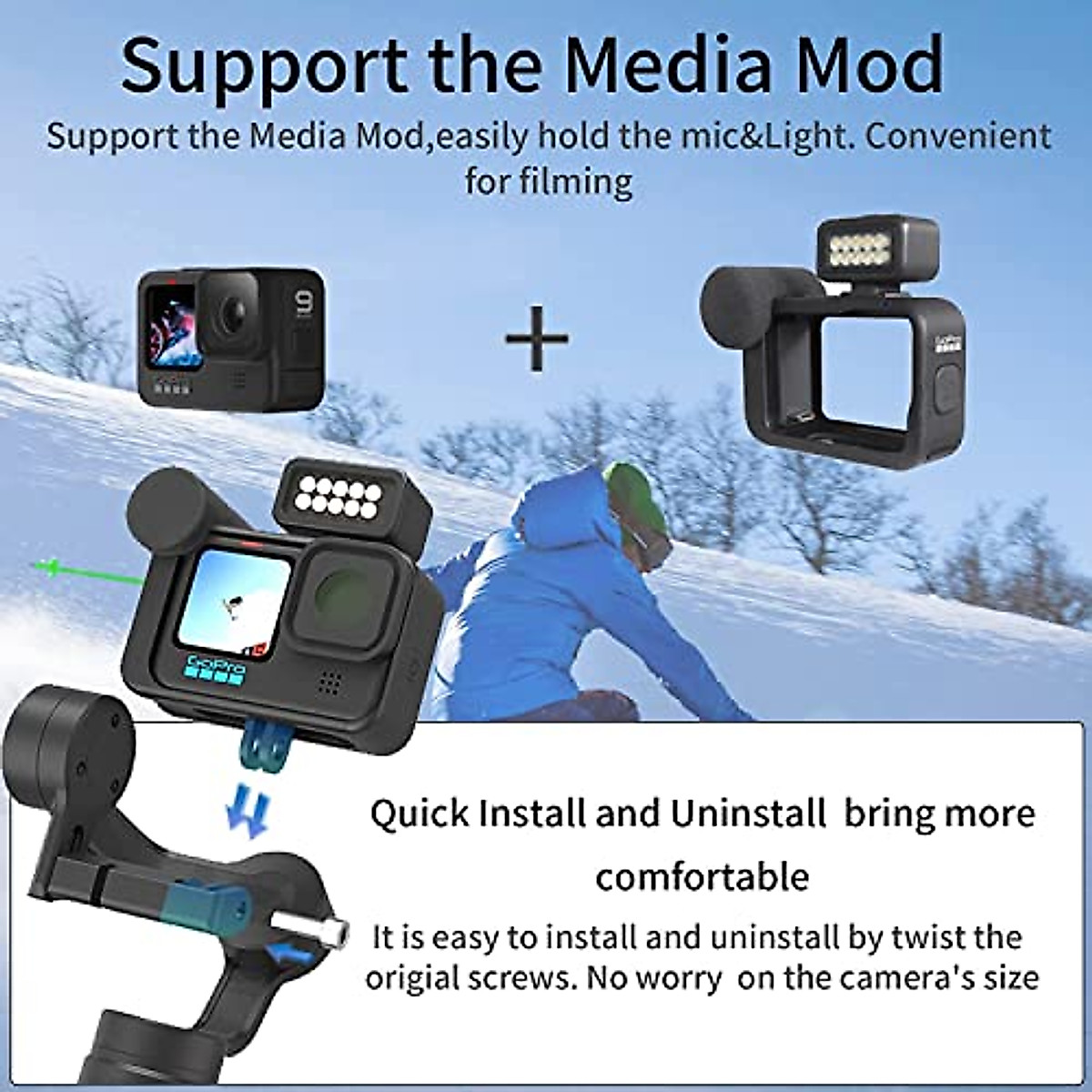 INKEE Falcon Plus Action Camera Gimbal Stabilizer Compatible with GoPro Hero 12/11/10/9/8/7/6/5, OSMO Action,Insta360,Support GoPro Media Mod 9H Battery Life, with Tripod and Extension Rod Kits