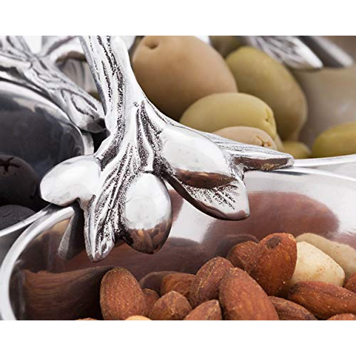 Arthur Court Sand-Cast Aluminum 3 Compartment Olive Pattern Condiment Serving Bowl 9 inch Diameter 4 inch Tall