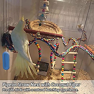 Fhiny Handmade Woven Bird Spawning Nest with Coconut Fiber Liner Flat Base Straw Bird Nest Bed Hatch Roosting for Dove Pigeon Parrot Turtle Quail Macaw Cuckoo Sparrow