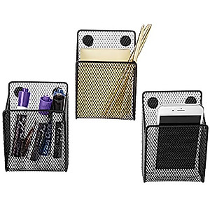 MyGift Black Metal Mesh Magnetic Office Supplies Pen Pencil and Marker Holder, Whiteboard Accesories Storage Basket, School Locker Organizer Accessory Pencil Cup, Set of 3