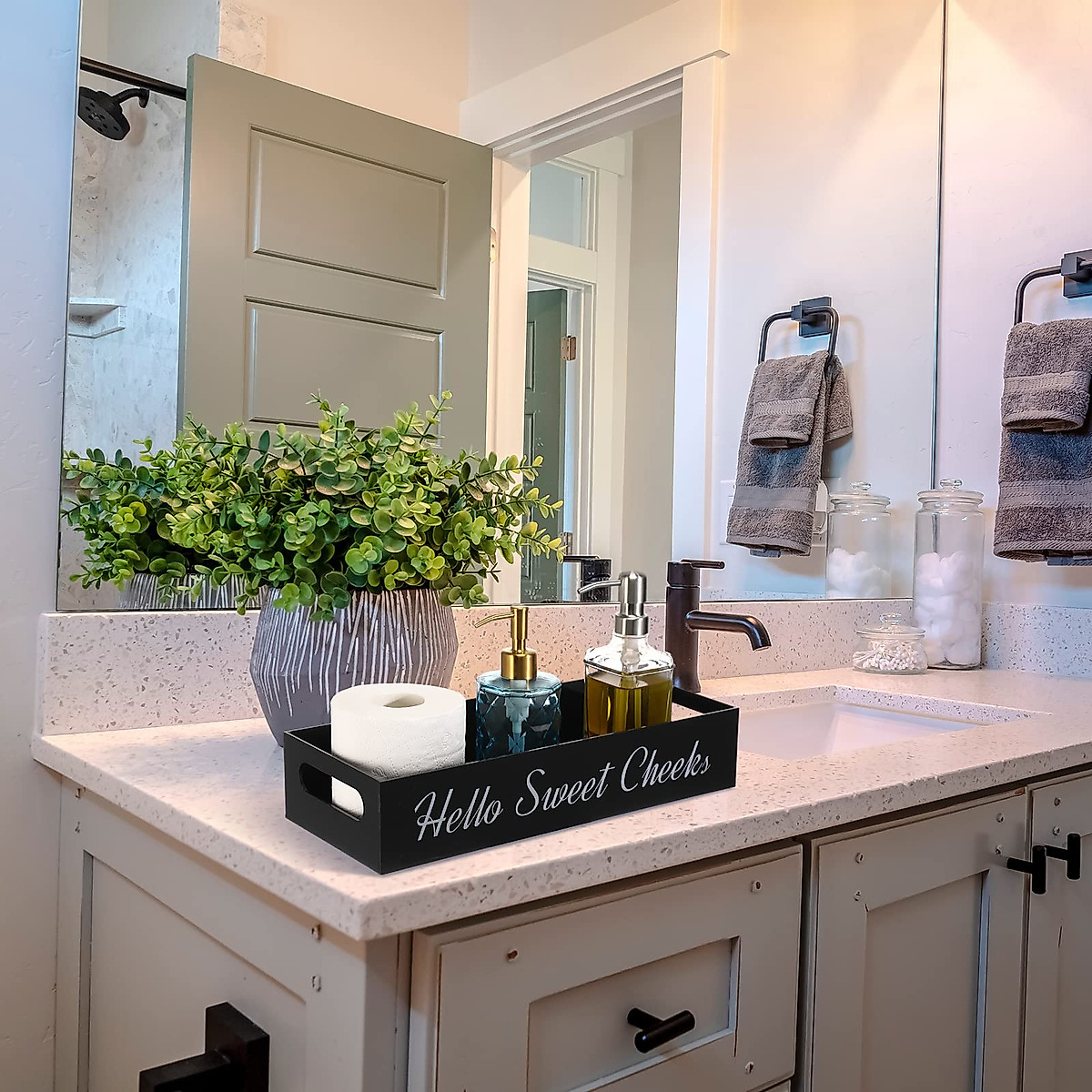 Acrylic Bathroom Tray for Counter Toilet Paper Basket 2 Side with Funny Saying Hello Sweet Cheeks Bathroom Box Black Toilet Tank Tray Countertop Organizer Farmhouse Decor for Tissues Candle Soap Towel