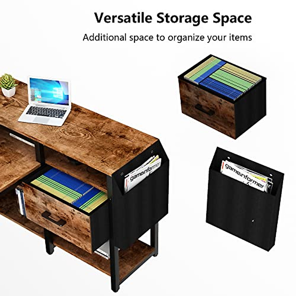 Loomie Reversible L Shaped Desk with Drawer, 55" W x 41" D Industrial Corner Computer Desk with 4 Tier Shelves & Monitor Stand and Bag, Study Table for Home Office, Rustic