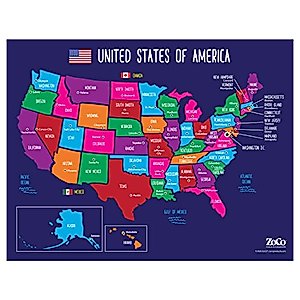 Safety Magnets Map of USA 50 States with Capitals Poster - Laminated, 17 x 22 inches - Colorful Complete Map of United States for Children - North America, US Wall Map - Classroom & Homeschool
