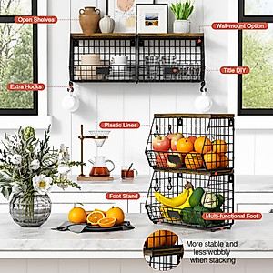 Goozii Hanging Wall Fruit Basket for Kitchen Counter 2 Pack, Stackable Wire Baskets for Organizing with Wood Lid, Potato and Onion Storage Bin with Banana Hook for Vegetable Produce, Black + Rustic