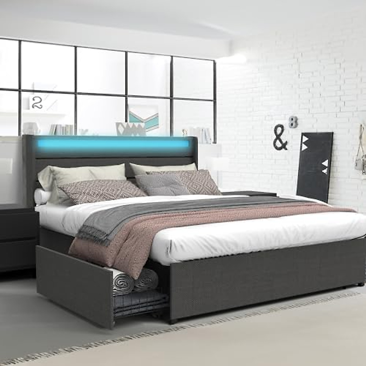 ClouDDwell Queen Bed Frame with RGBW LED Lights, Upholstered Headboard & 4 Storage Drawers, Thickened Hardwood Slats, Dark Grey