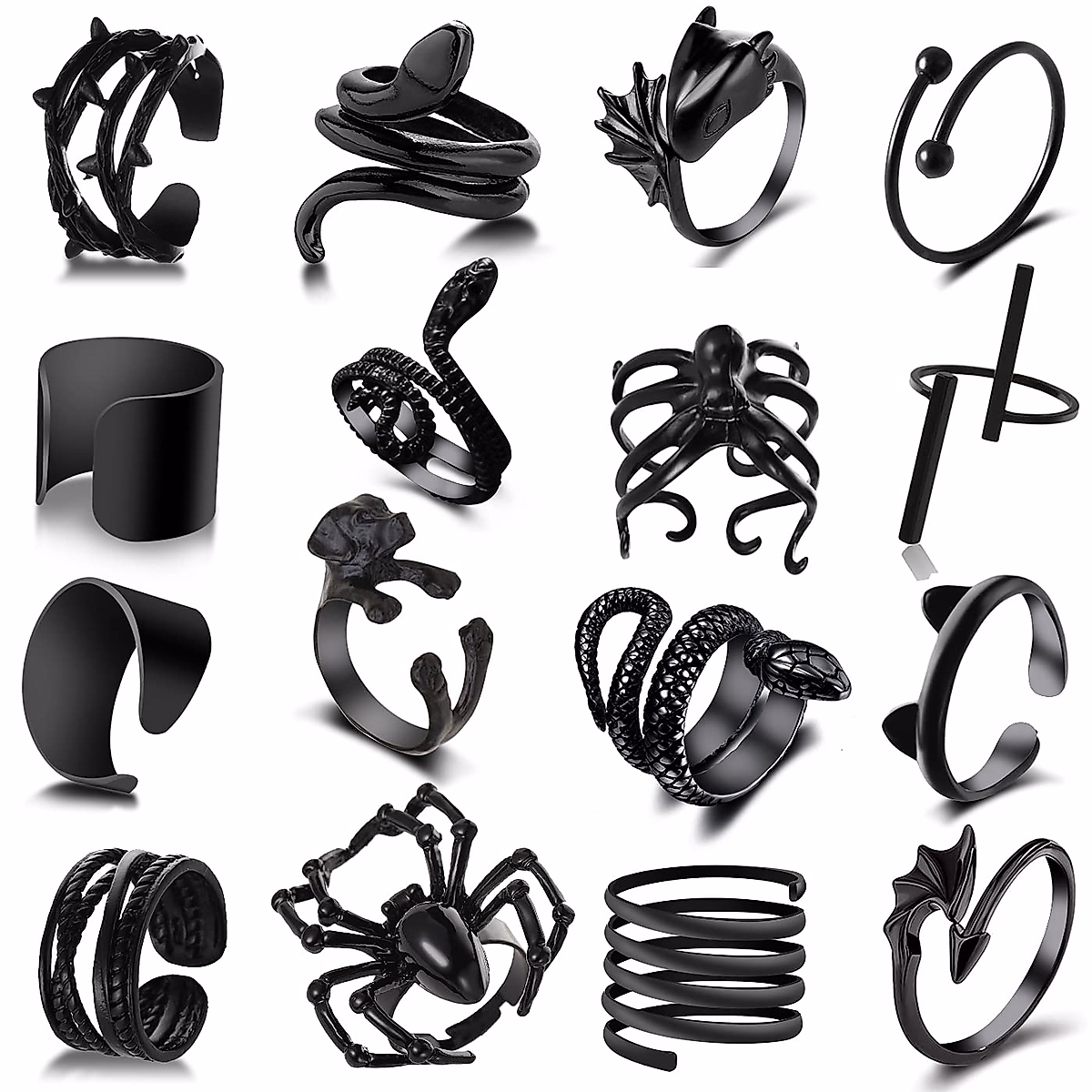 16 PCS Y2K Open Black Vintage Golden Punk Rings for Women Girls Mens Cat Snake Bat Devil Wing Dog Spider Rose Adjustable Retro Cool Ring Claw Skull Gothic Rings Jewelry