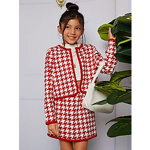 WDIRARA Girl's 2 Piece Outfits Houndstooth Zip Up Half Sleeve Jacket and A Line Skirt Set Red and White 10Y